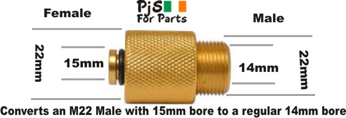 Converts an M22 male with 15mm bore to regular 14mm bore - Pjs for parts